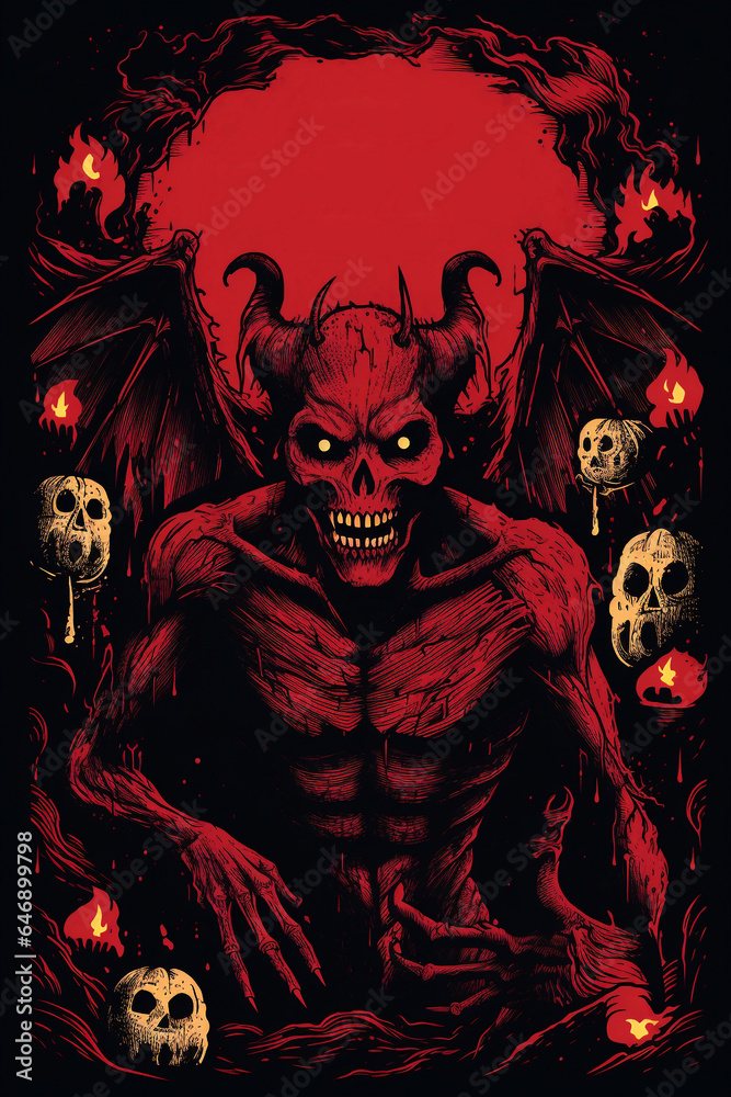 Halloween back ground of devil party style. A devil among pumpkin ...