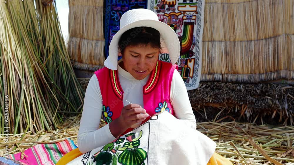 Young Latin American peruvian woman wearing traditional clothes weaving ...