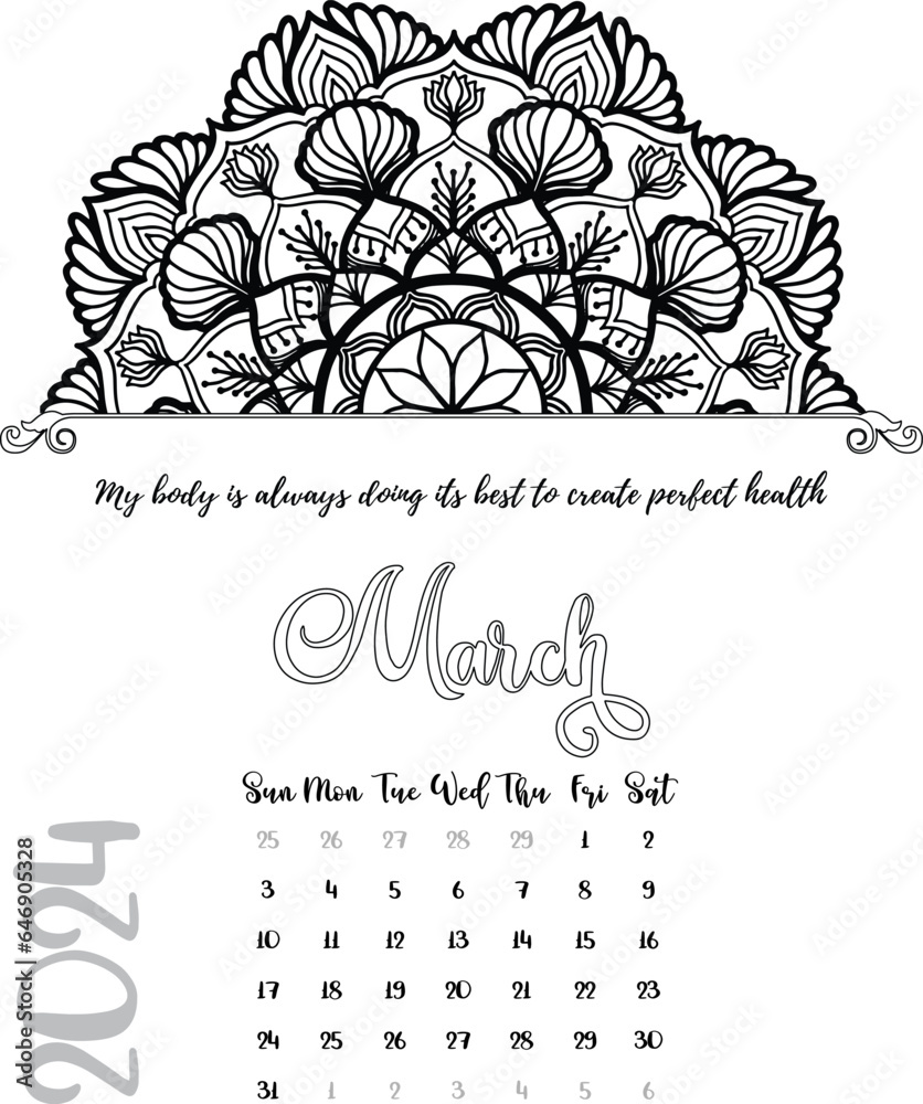 Vetor de Mandala Calendar Coloring Page for March Year 2024 with self ...