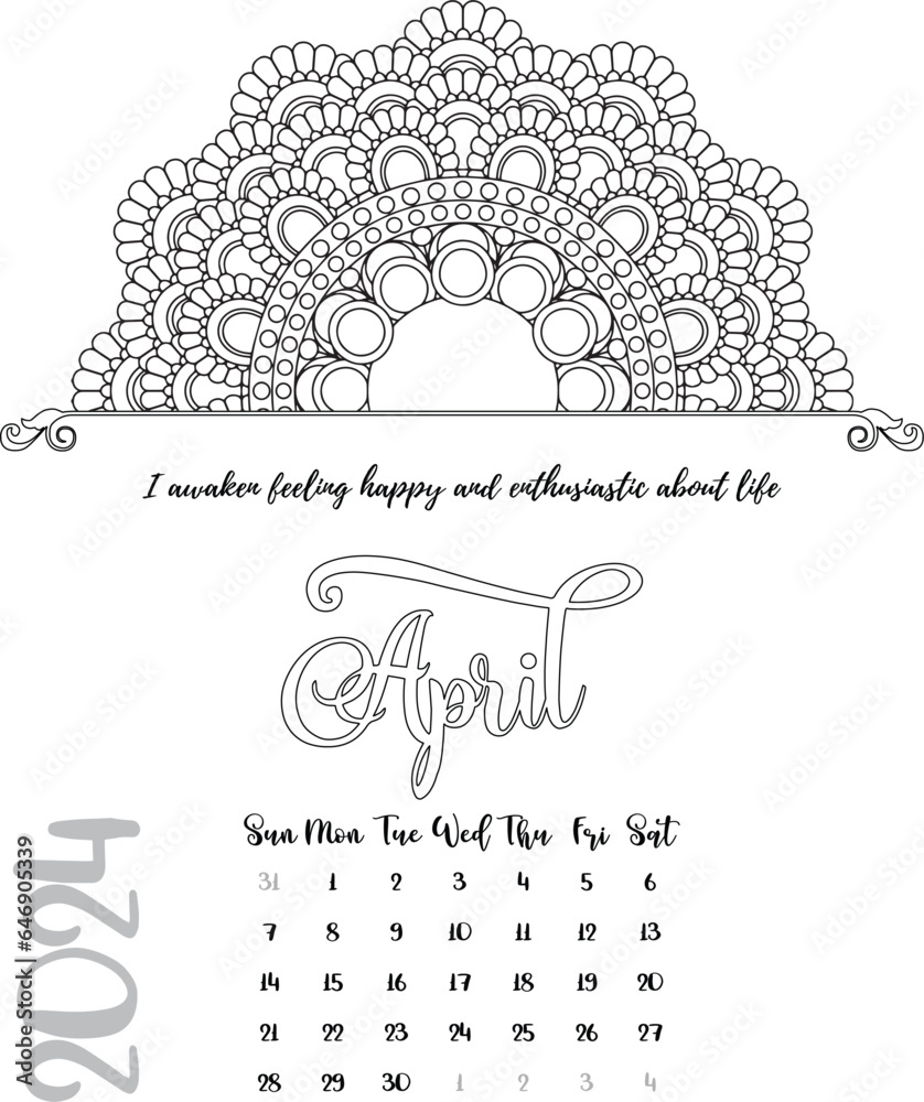 Mandala Calendar Coloring Page for April Year 2024 with self ...