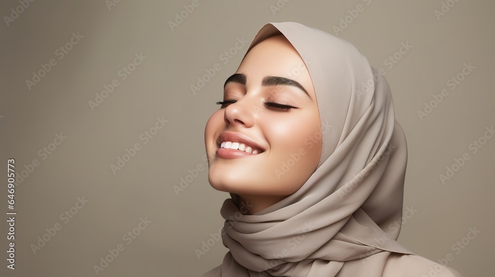 Woman, muslim and studio portrait for beauty, makeup and wellness with ...
