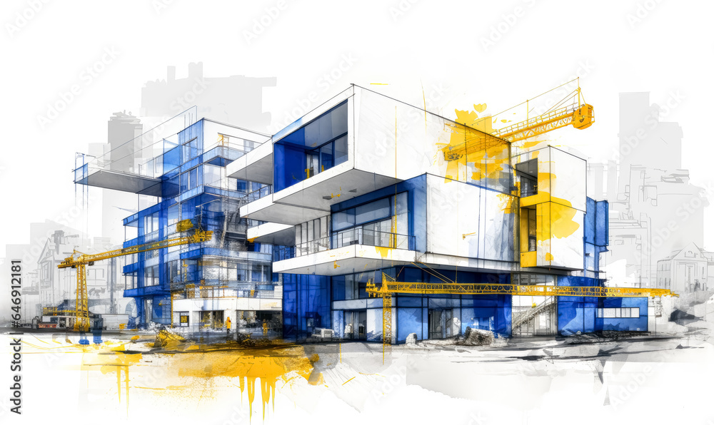 Industrial construction blueprint wallpaper in in blue yellow and white ...
