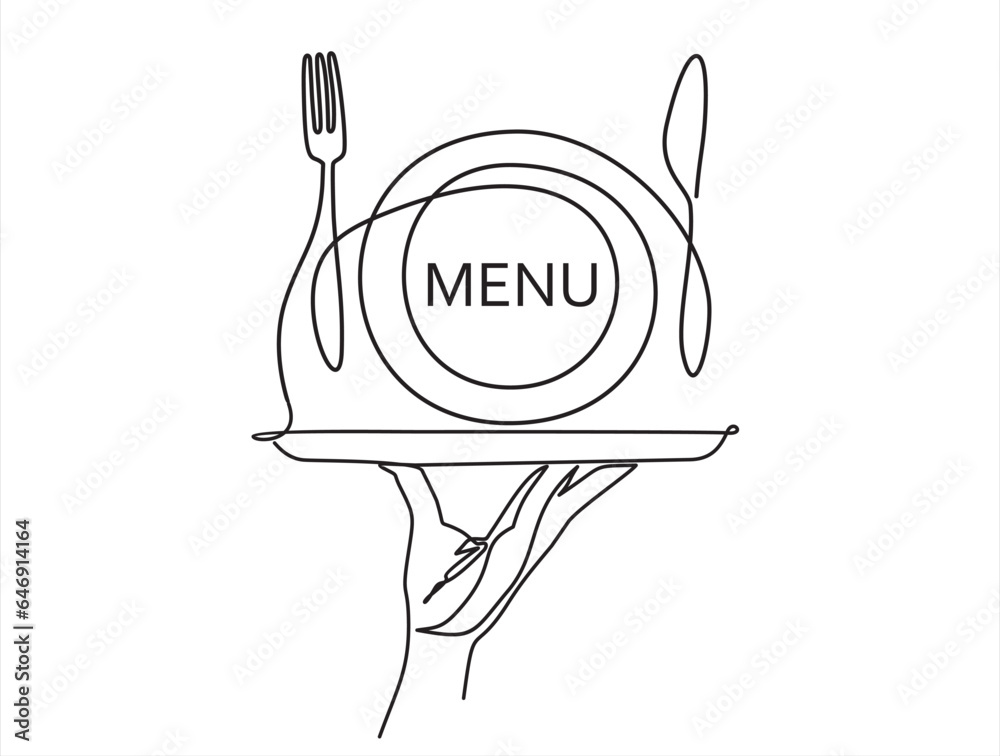 Continuous one single line drawing of hand holding dish with plate ...