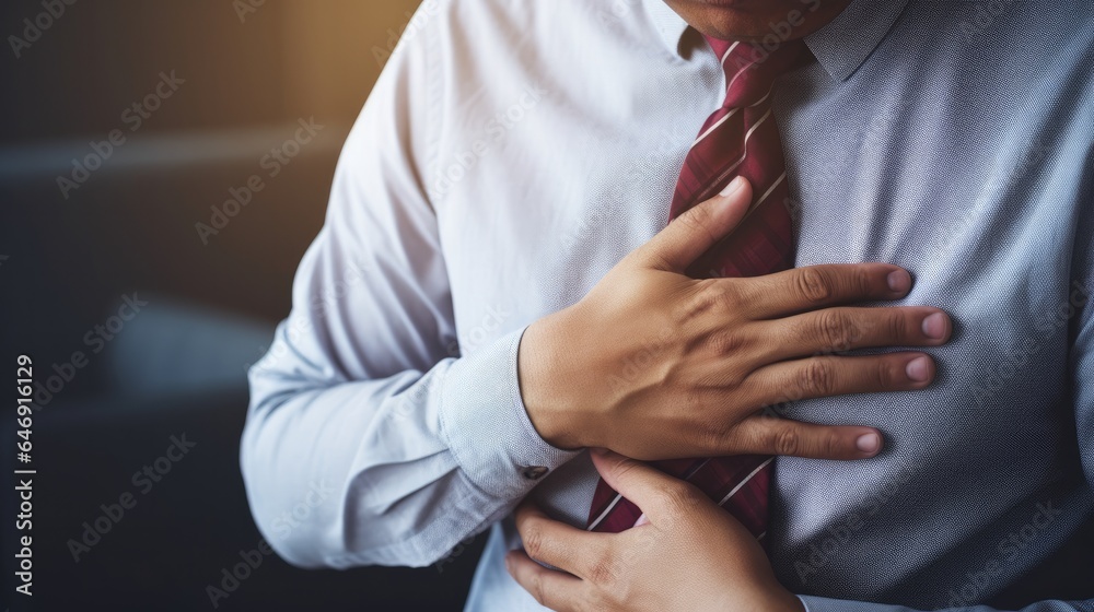 hand hold chest with heart attack symptoms, man working hard have chest ...