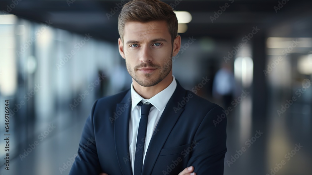 leader in business smiles and looks into the camera while standing in ...