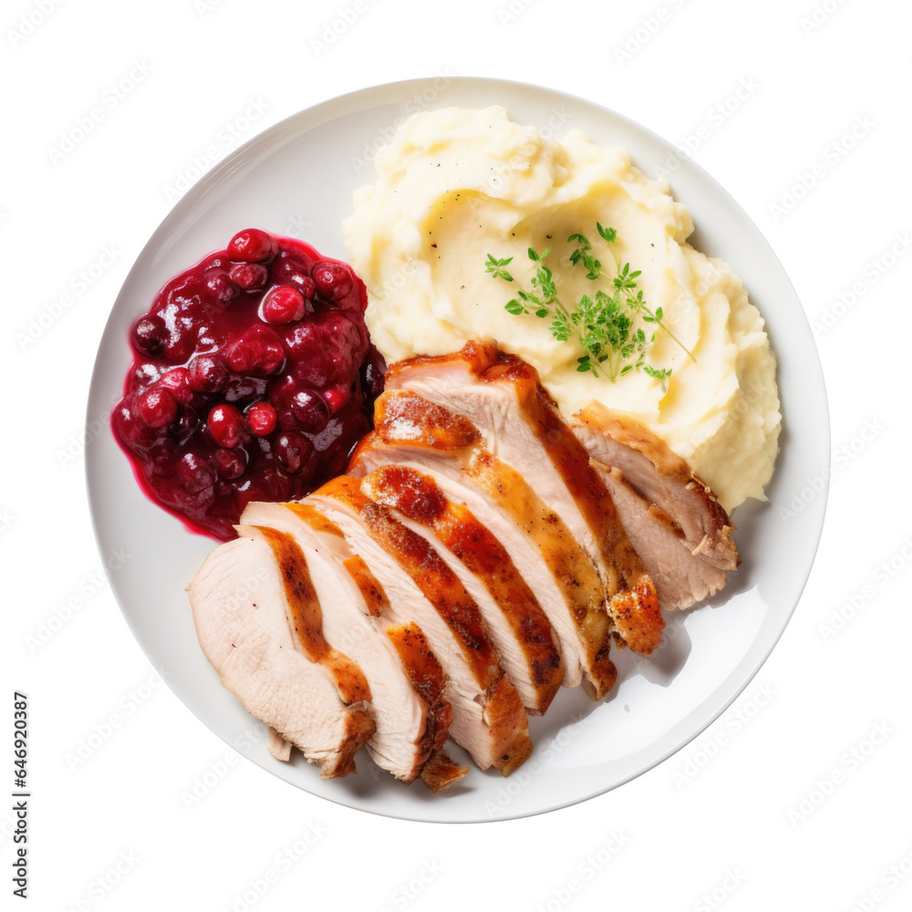 Turkey Dinner with Mashed Potatoes and Cranberry Sauce Isolated on a ...