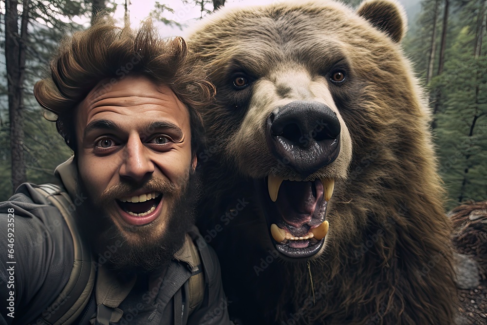 Reckless man taking selfies shot with wild bear endangering himself. Brave Caucasian bearded man ...