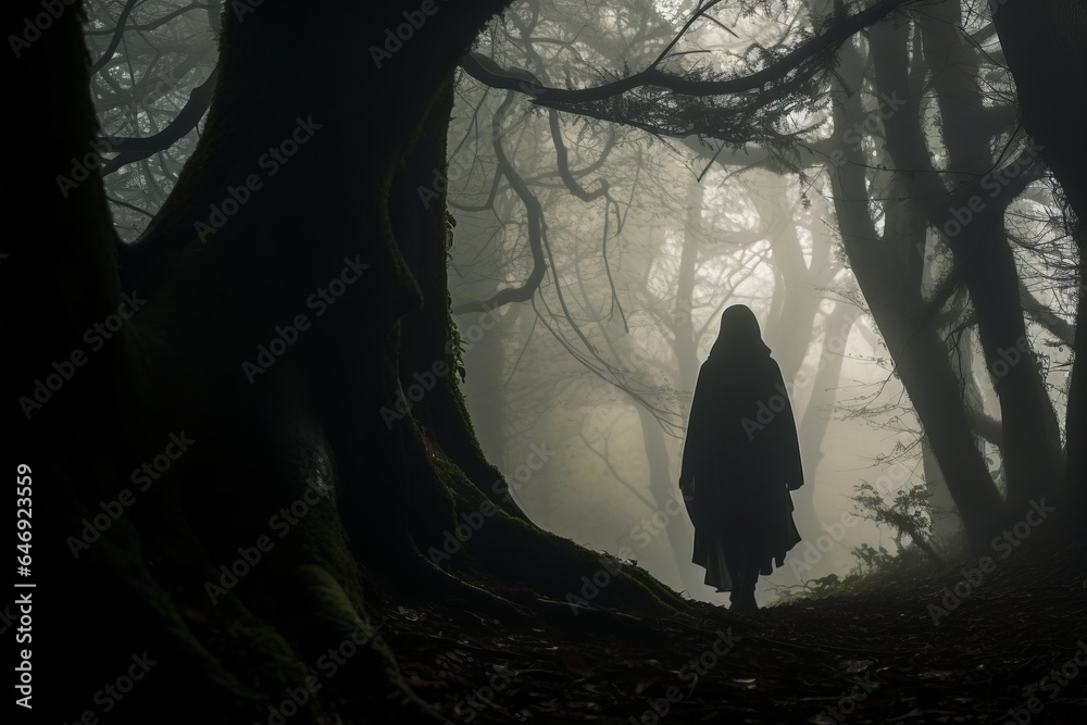 Hooded figure journeys through an ancient forest, where towering trees ...