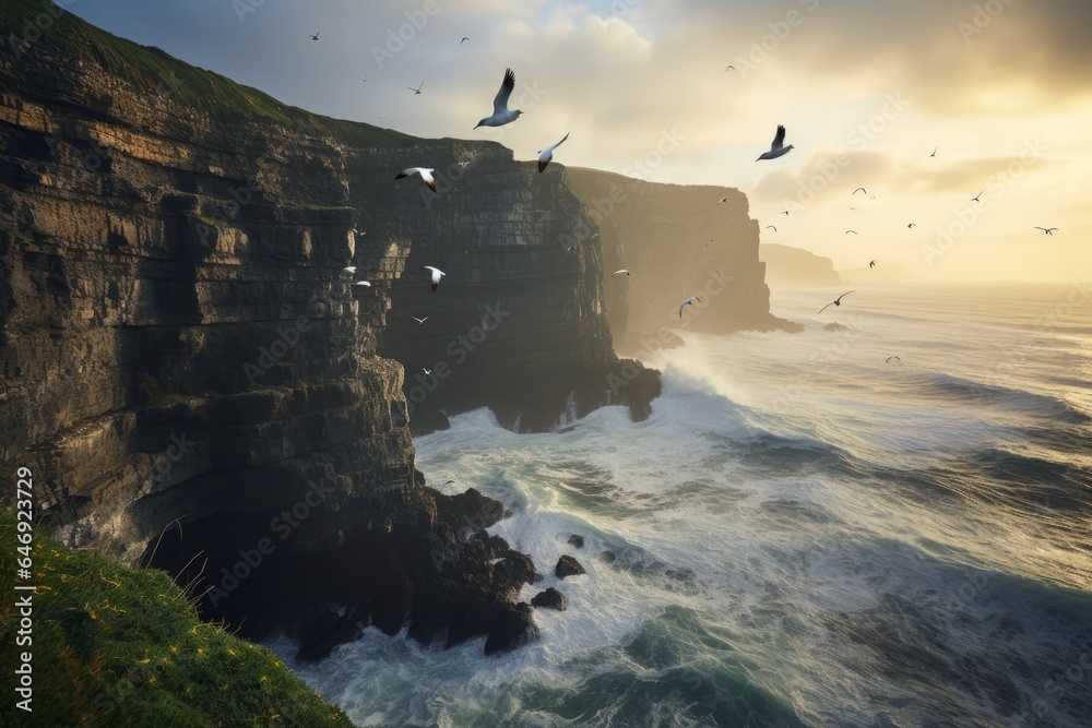 Flock of birds soaring freely above rugged ocean cliffs, wings dancing ...