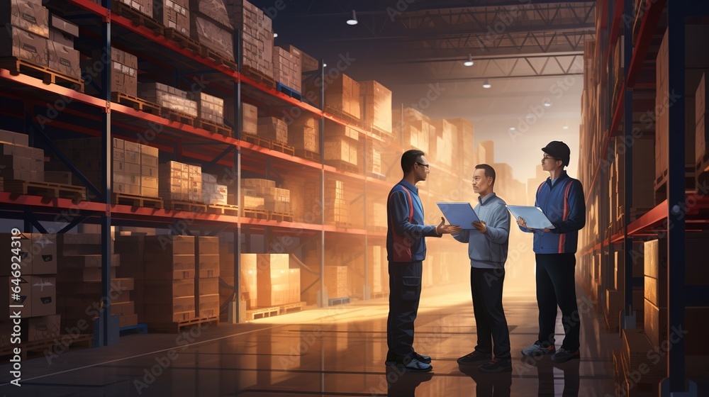 warehouse workers moving goods and counting stock in aisle between rows ...