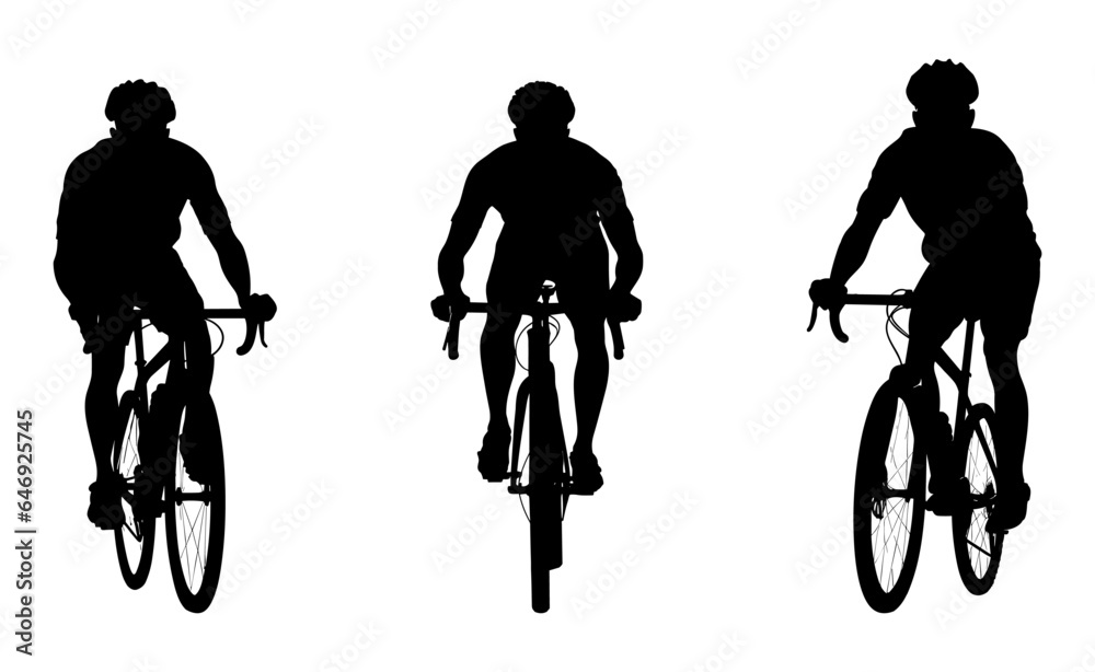 set of silhouettes of people riding bicycle. cyclist front view ...