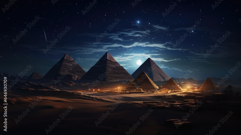 Pyramids of Giza illuminated by the moonlight and city lights in the ...