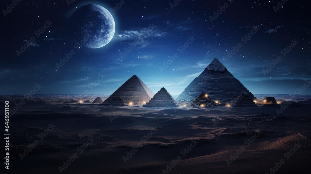Pyramids of Giza illuminated by the moonlight and city lights in the ...