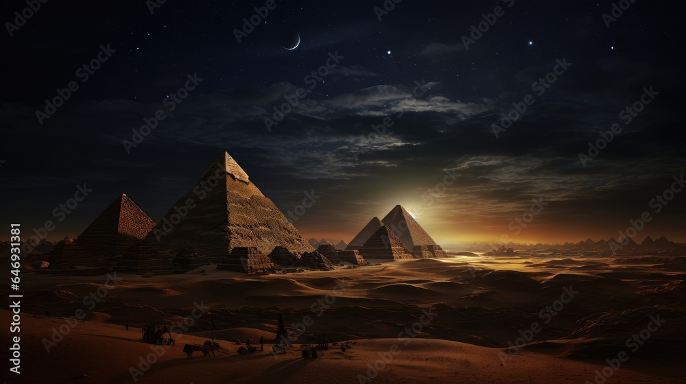 Pyramids of Giza illuminated by the moonlight and city lights in the ...