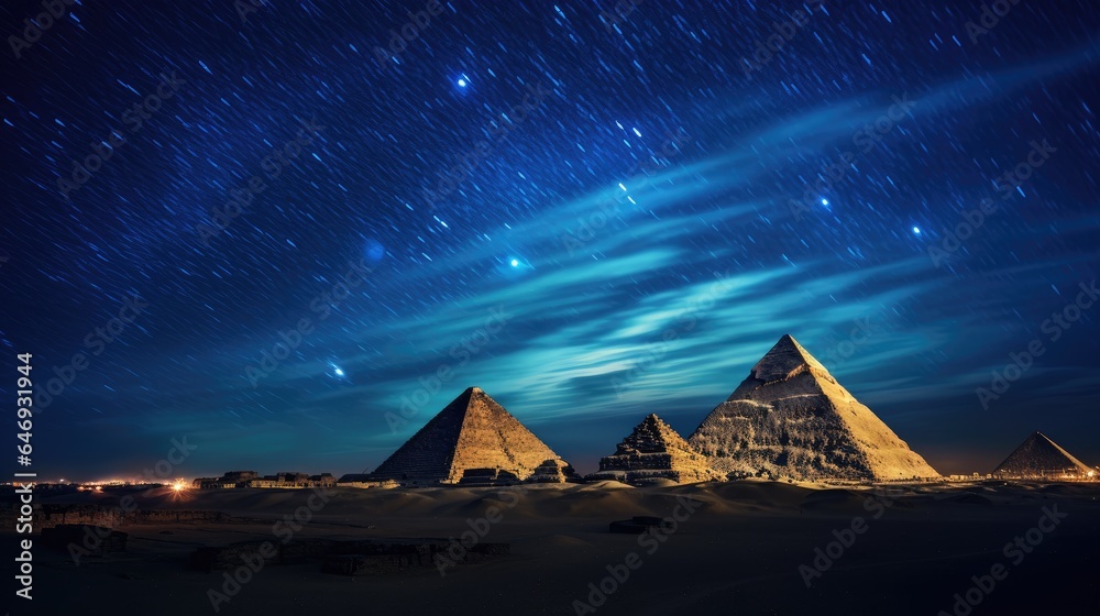 Pyramids of Giza illuminated by the moonlight and city lights in the ...