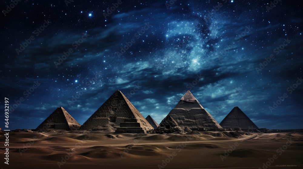 Pyramids of Giza illuminated by the moonlight and city lights in the ...