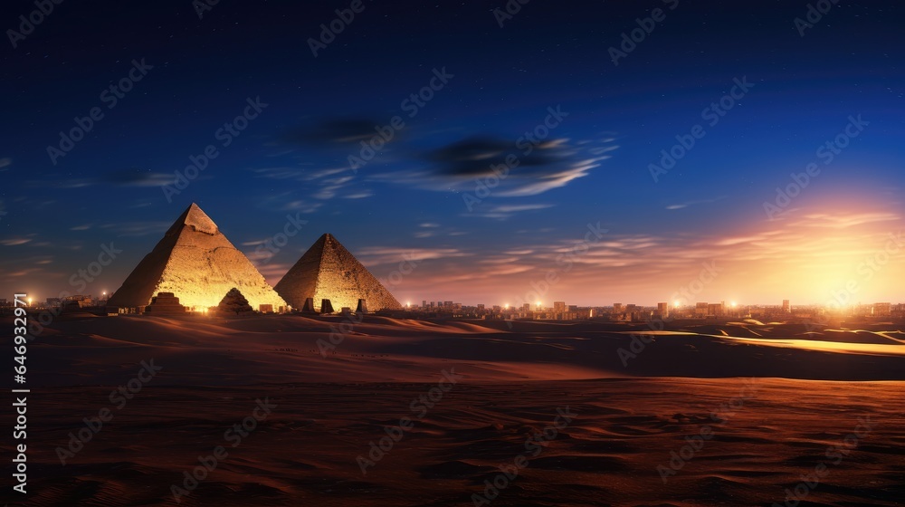 Pyramids of Giza illuminated by the moonlight and city lights in the ...