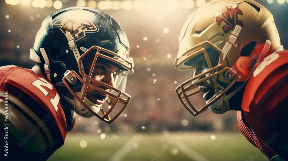 Two football players wearing helmets standing next to each other on the ...