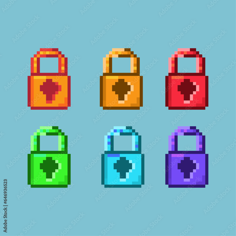Pixel art sets of locked padlock with variation color items asset. simple padlock on pixelated ...