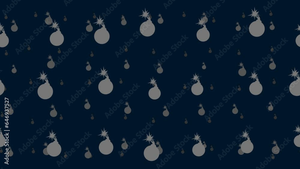 Bomb symbols float horizontally from left to right. Parallax fly effect ...