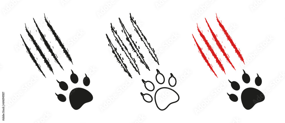 Cat paw print with scratches, claw marks. Black silhouette, outline ...