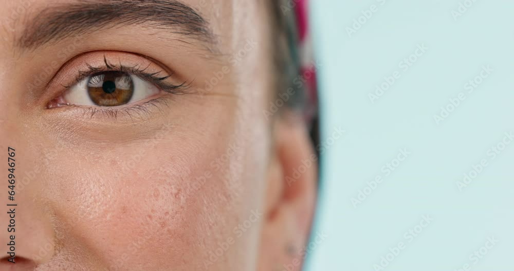Closeup, eye and woman with vision, wellness and optometry on a blue ...