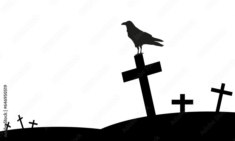 Black silhouettes of crosses. Raven sitting on a cross in a cemetery ...
