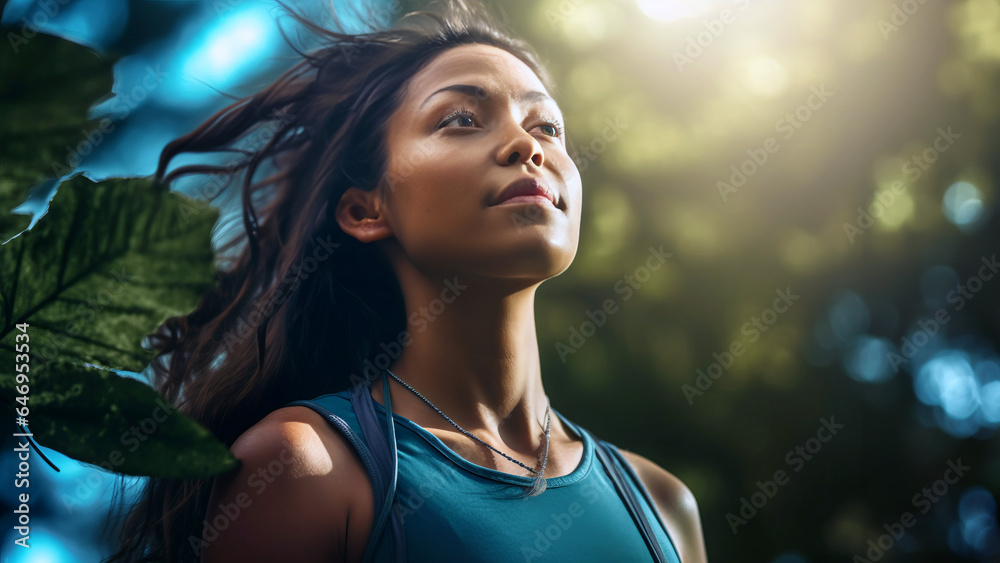 An African American woman stands amongst trees in a forest, natural ...