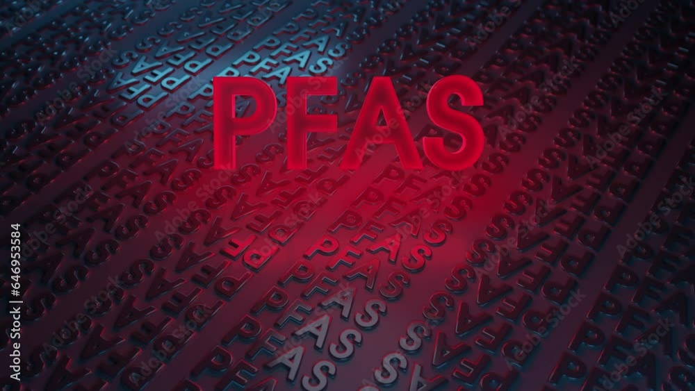 Red PFAS letters in ablue dark background 3D render video Per- and ...