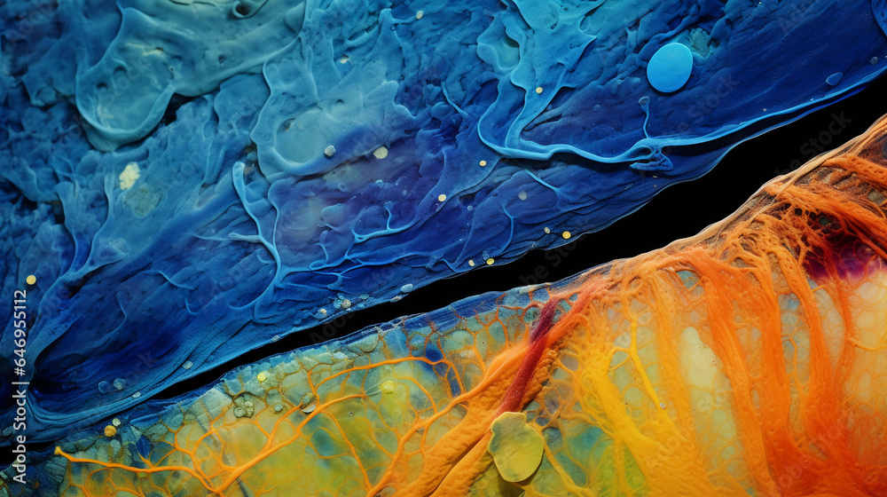 Microscopic view of skin layers, bright fluorescent colors, texture ...