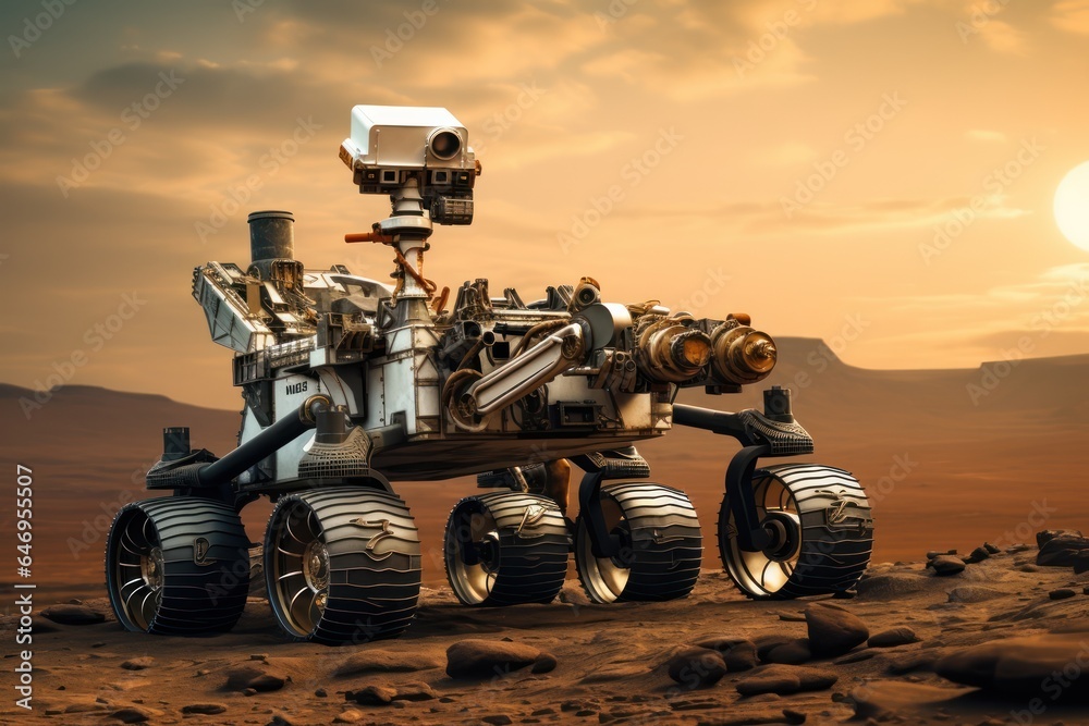 Rover on the surface of Mars studies the situaton, features of the ...