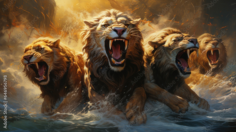 Four ferocious hungry and dangerous lions heading towards an inevitable ...
