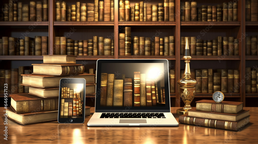 Biblioteca digital con libros y computadoras en linea, espacios de ...