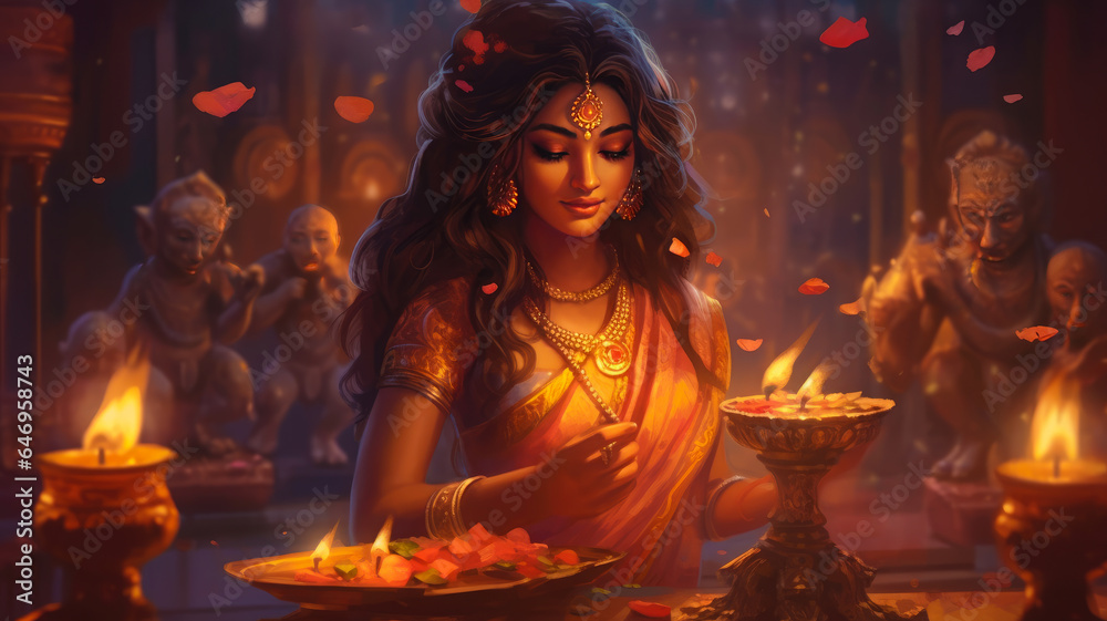 Illustrations Capturing the Enchanting Beauty of Hindu Aarti Ceremonies, with Lamps and ...