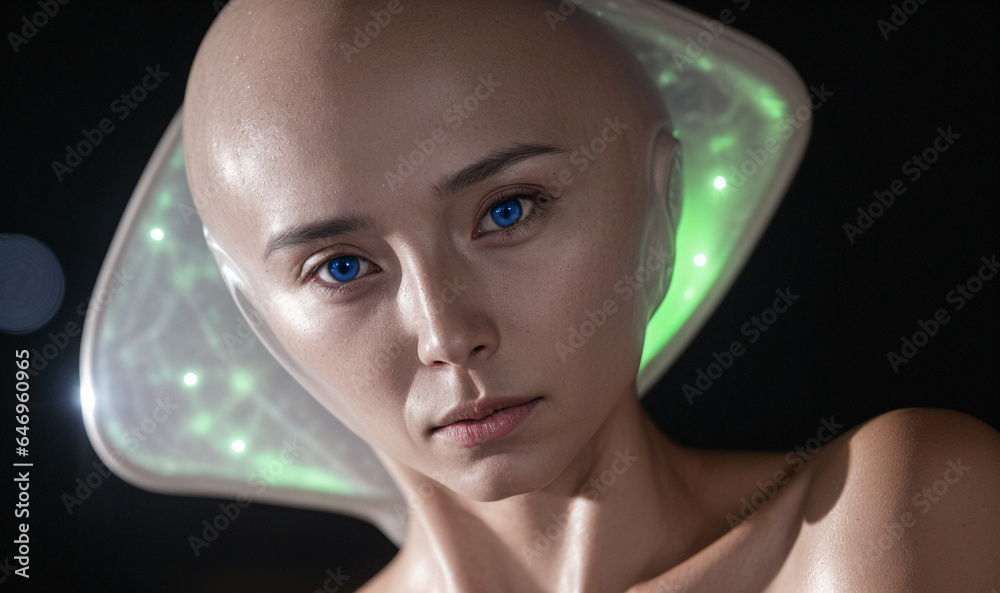 a bald alien young woman with blue eyes and green gelly light behind ...