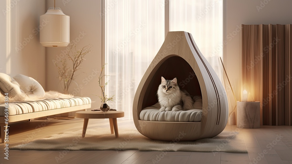 two content cats inside a stylish wooden cat house set in a ...