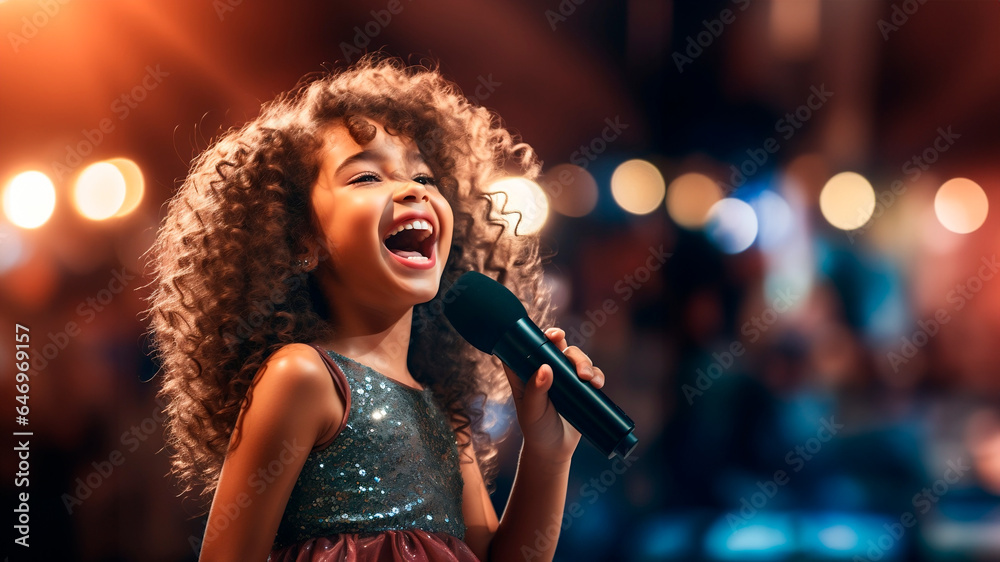 charming girl child singing emotionally at a concert in front of a ...