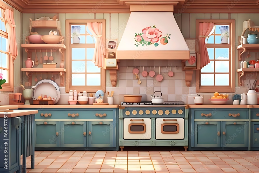 kitchen interiror in the kitchen in a cartoon form or animated form ...