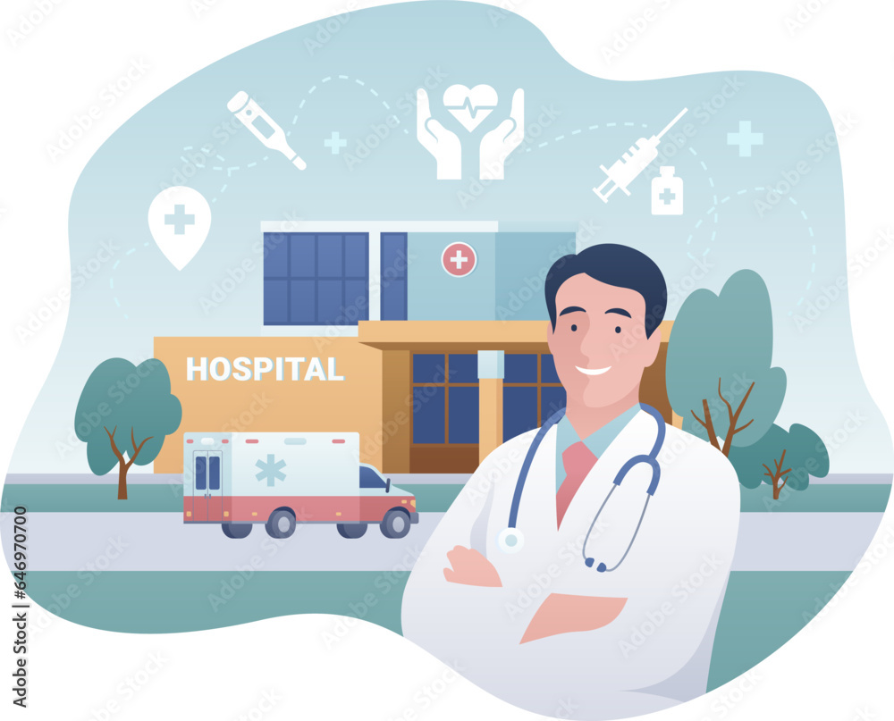 Flat vector illustration of hospital building, ambulance car, doctor ...