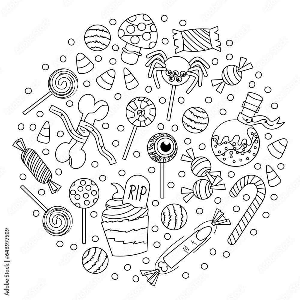 Halloween sweet treats coloring page. Circle composition with line ...