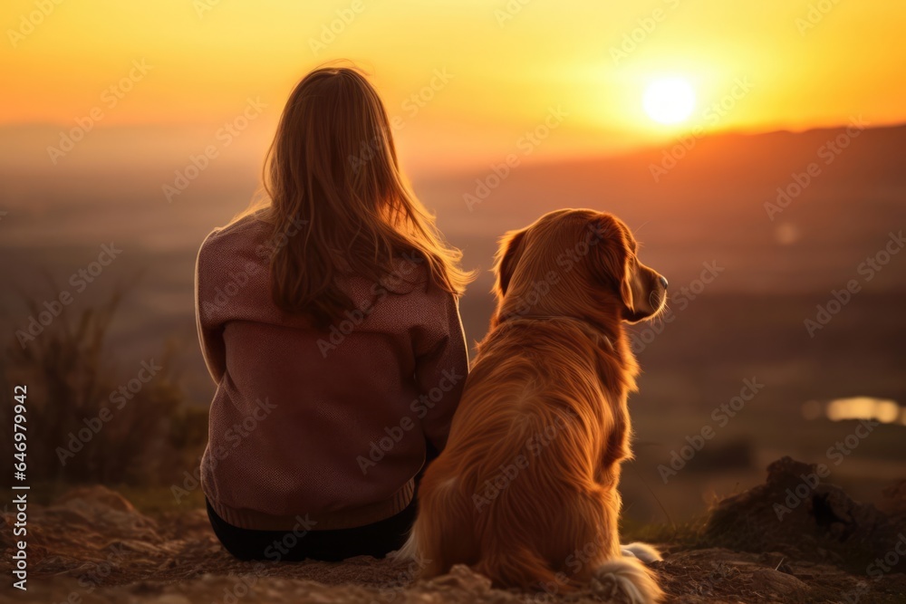 golden retriever puppy and its human companion enjoying a serene sunset ...
