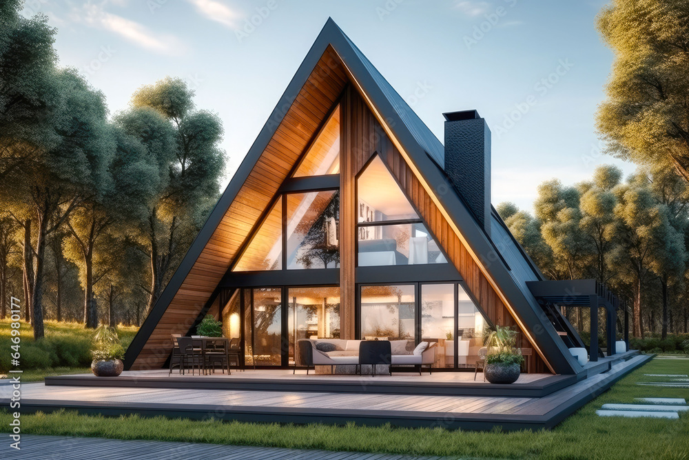 Modern residential suburban building A-frame architecture, a luminous ...