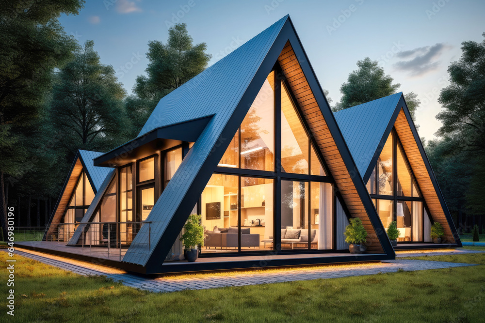 Modern residential suburban building A-frame architecture, a luminous ...