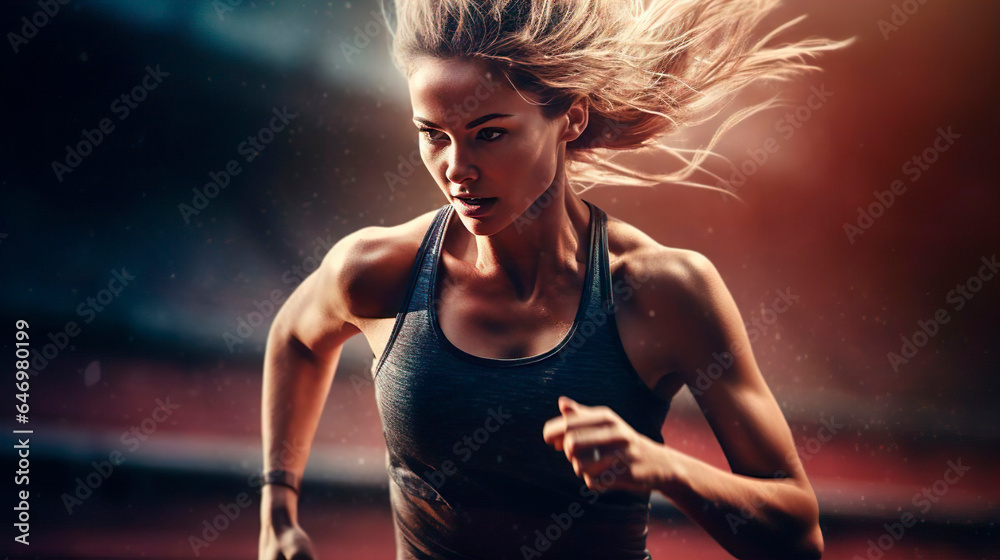 Beautiful female blond hair athlete runner sprinter young woman running ...