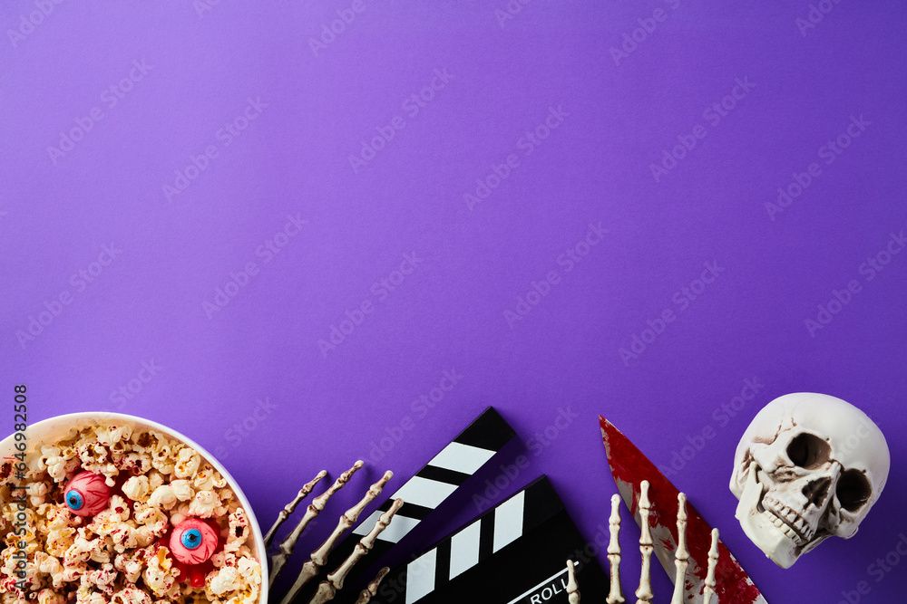 Halloween horror movie night concept. Flat lay clapper board, popcorn ...
