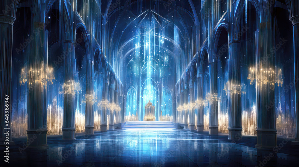 Gothic church interior with blue light Stock Illustration | Adobe Stock