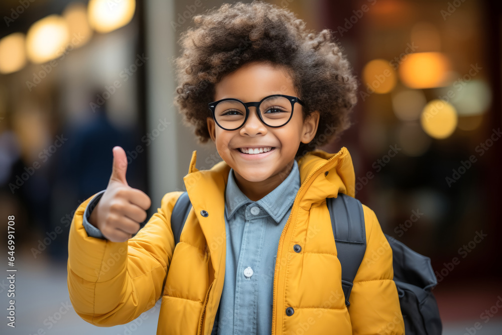 smiling schoolboy wearing school uniform show thumb up finger outdoor ...