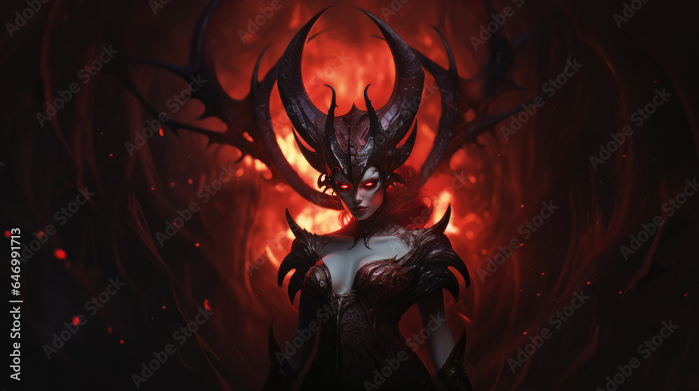 Succubus queen Lilith, seductive empress of hell and temptation, glowing red eyes, horned ...