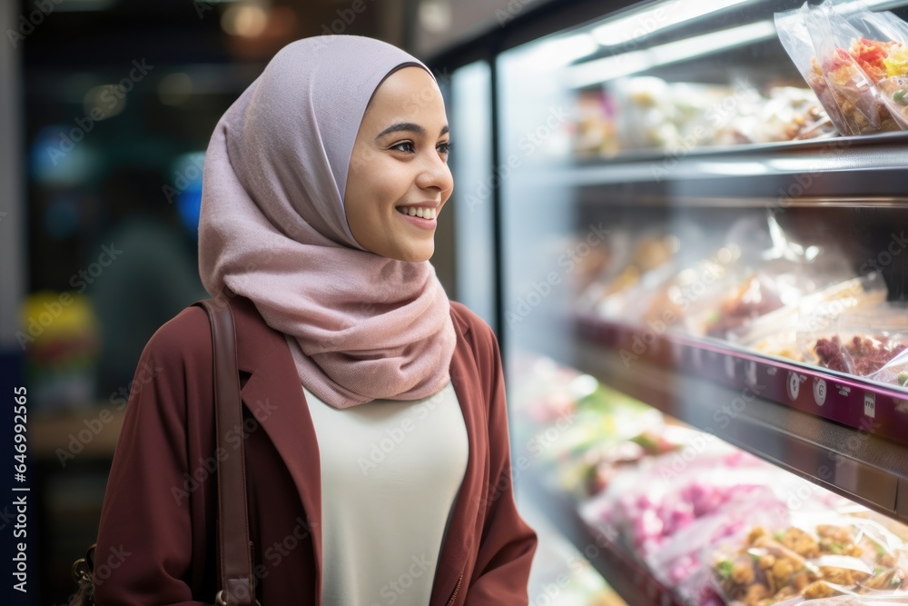 Attractive middle Eastern young woman wearing a hijab shopping at a ...