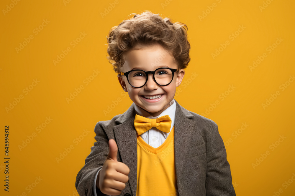 smiling schoolboy wearing school uniform show thumb up finger on yellow ...
